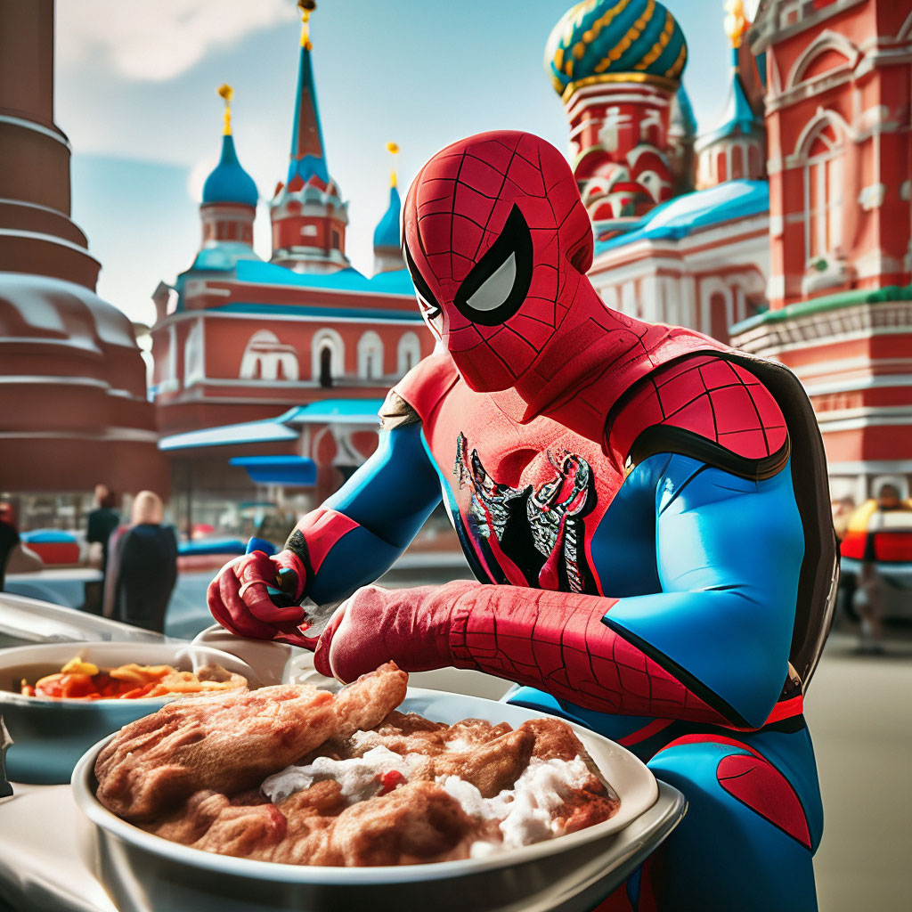 "Spider-Man eats shawarma in Moscow." — image created in Shedevrum