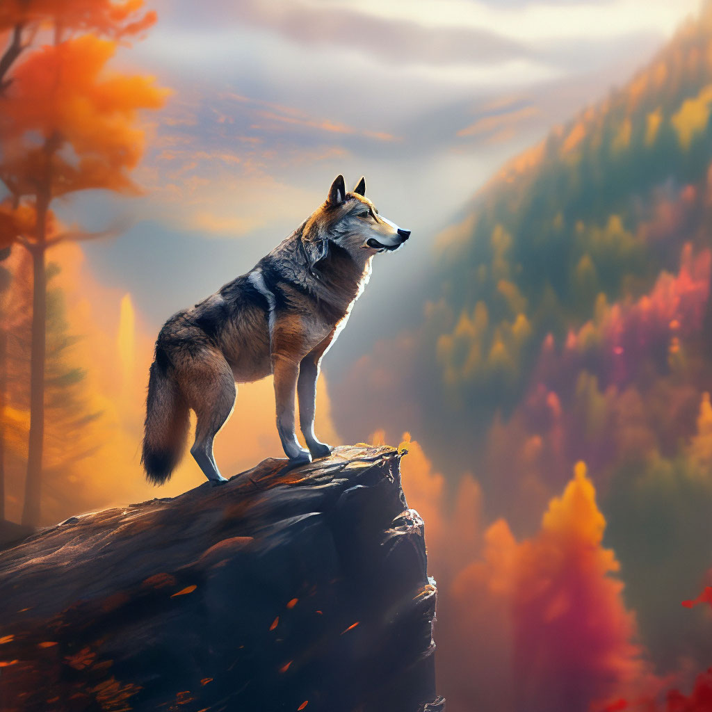 "A wolf in an autumn multicolored forest, standing on the edge of a ...