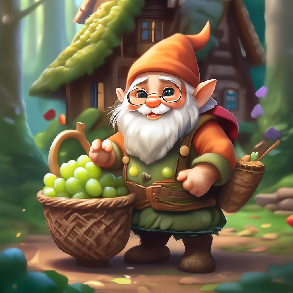 "A mega-cute dwarf stands at his forest house with a basket of grapes ...