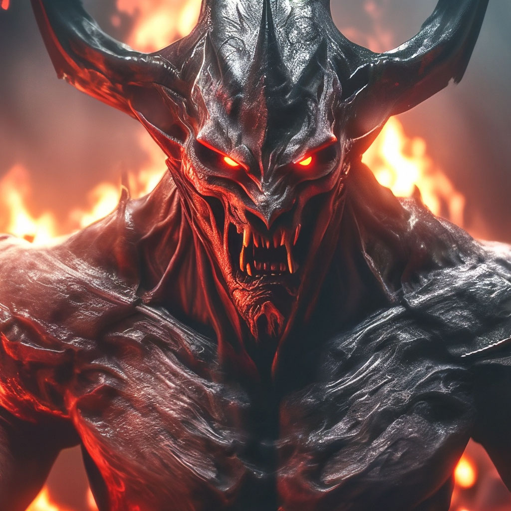 "Demon, ancient evil, fire in the eyes, hell, gloomy background, gothic ...