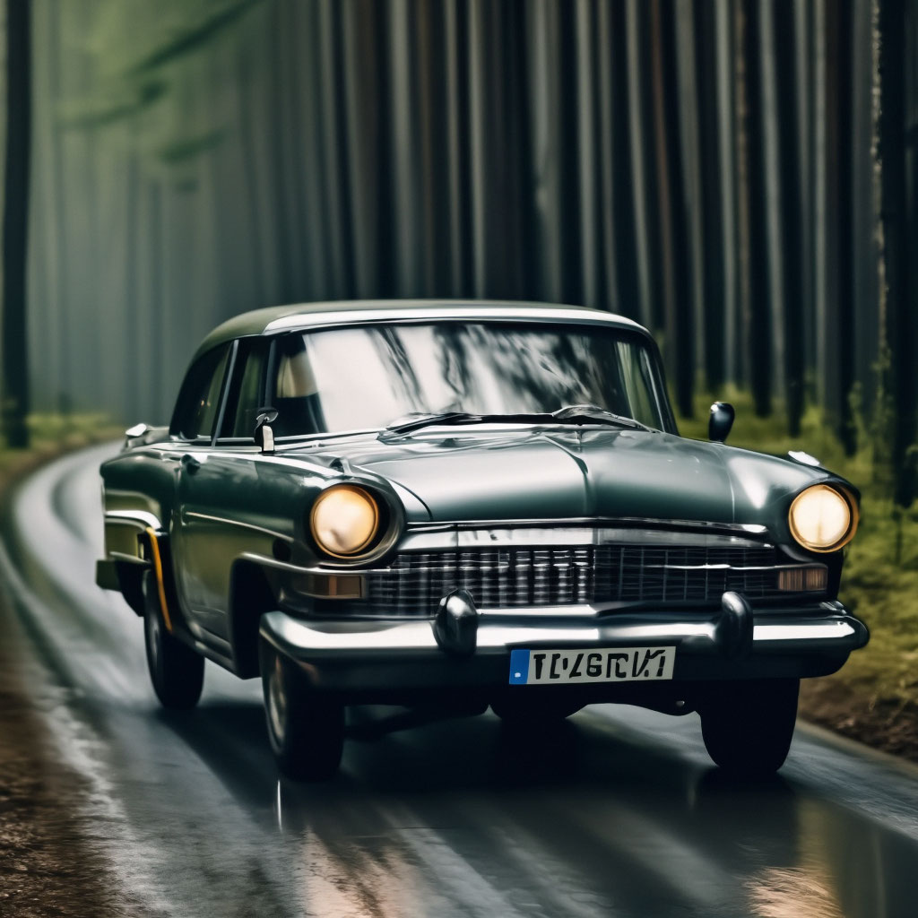 "Gaz 13 car rides through the forest, gloomy, 4k, professional photo ...