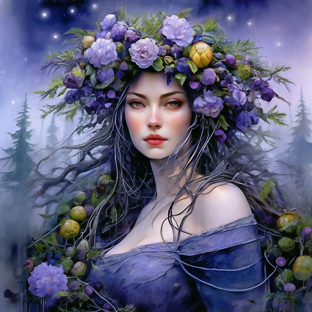 "Watercolour.epic, fabulous.an alluring woman from the fog, in a wreath ...