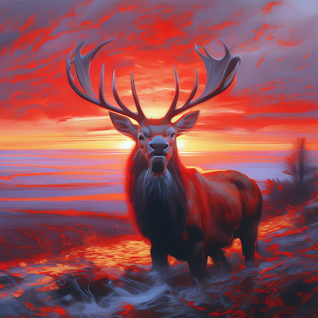 "Professional oil painting. crimson muzzle, crimson sunset, with a ...