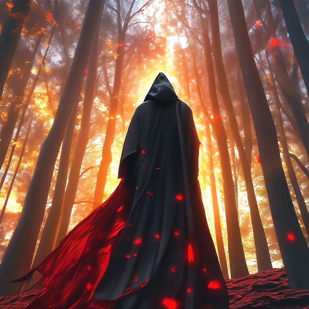 "Gothic, cold look, hooded man, red threads, golden patterns, tall ...