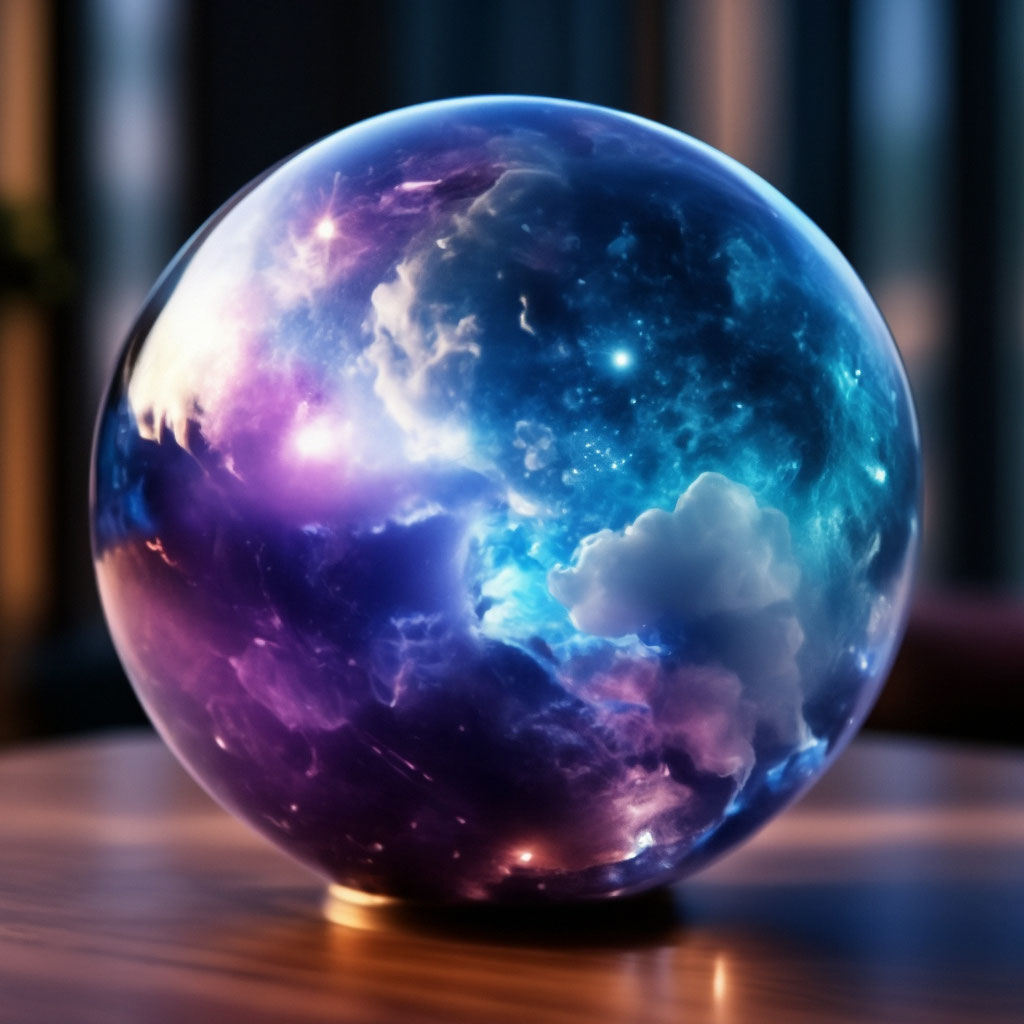 "Epic crystal sphere with glowing clouds, planets, turquoise violet ...