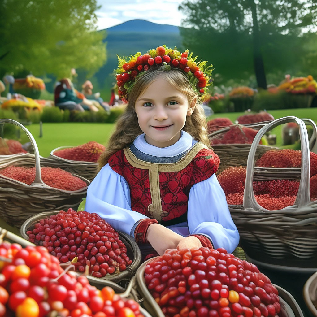"Girl,7 years old, queen of rowan berries. The girl is sitting on the ...