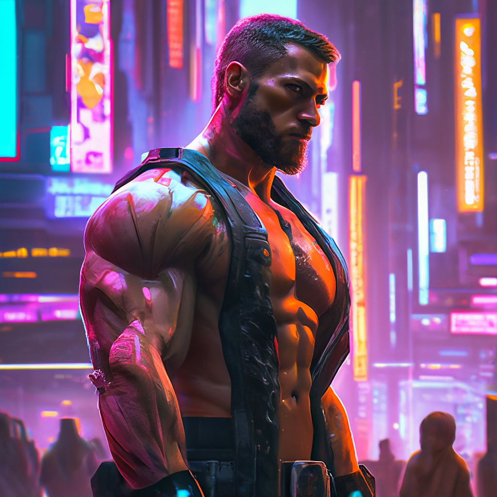 "Cyberpunk 2077 male v bodybuilder, bright lighting" — image created in ...