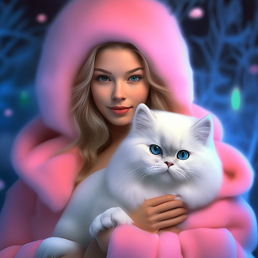 "Girl , furry fur coat , holding a Himalayan cat , realistic ...
