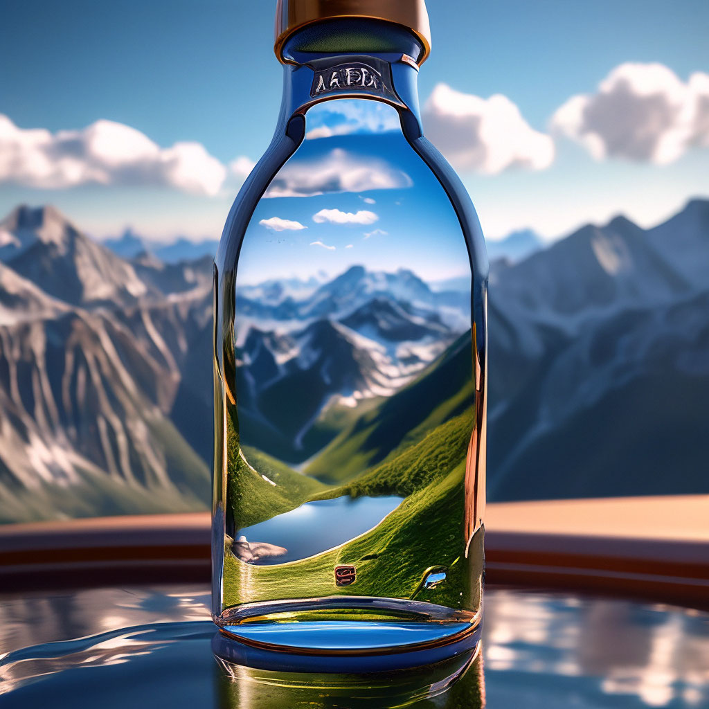 "View of the Alps through a water bottle, realistic, high resolution ...