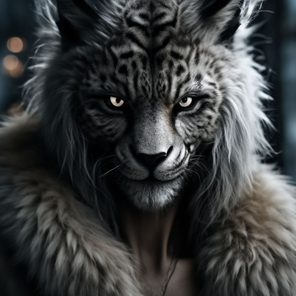 "Hybrid Man+Lynx,Human-type body covered with fur,Horror,Focus on the ...