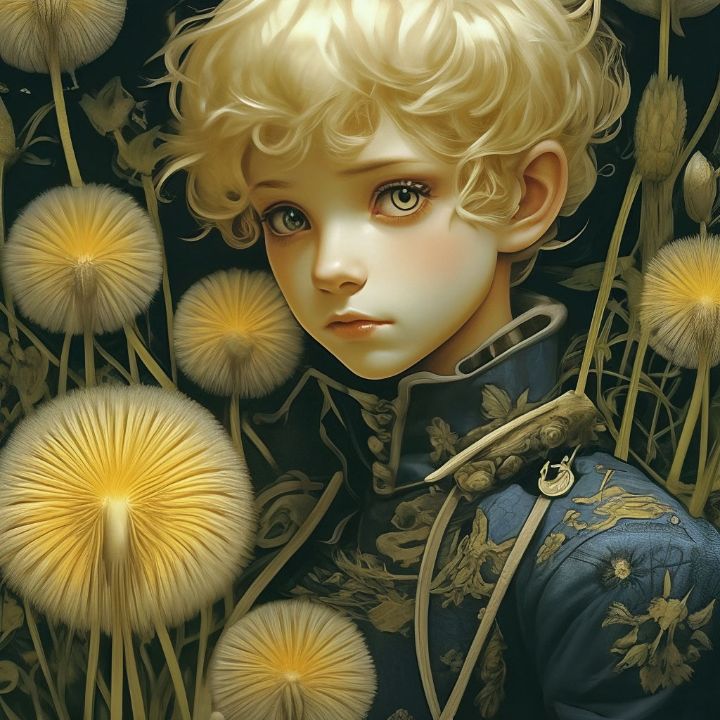 "Dandelion boy, blond, symmetrical regular eyes, engraving, color ...
