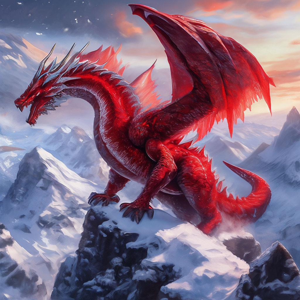 "The red dragon in the winter mountains" — image created in Shedevrum