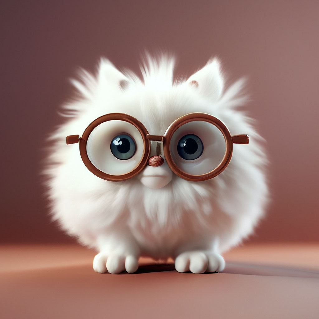 "A small white fluffy cute creature with big eyes in round glasses ...