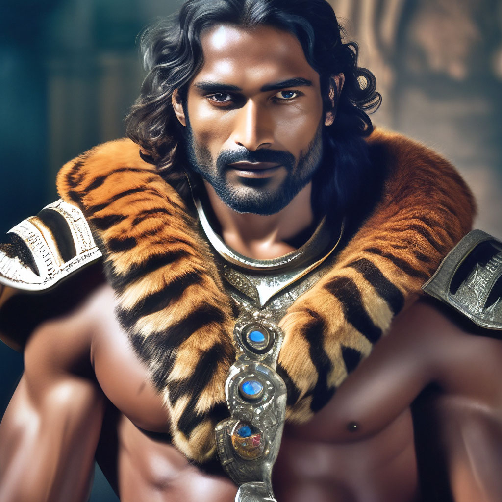 "11th century, India, knight in tiger skin, broad-shouldered, muscular ...
