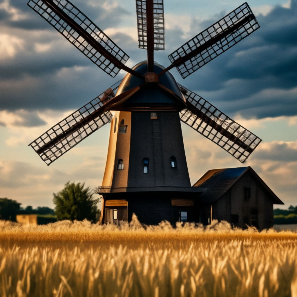 "Art Deco style unrealistically beautiful mill on the field ...