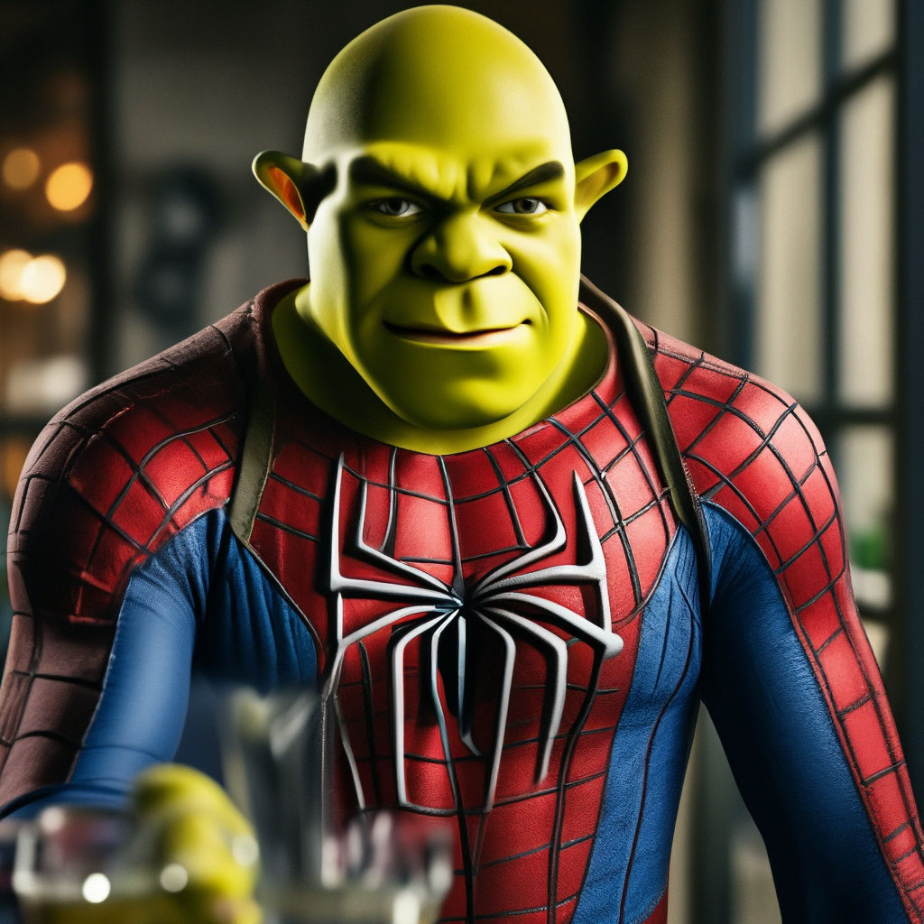 "Shrek in a Spider-Man costume" — image created in Shedevrum
