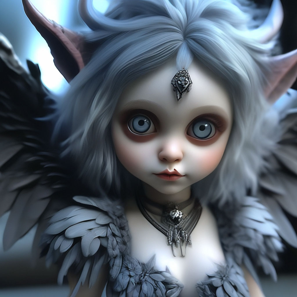 "Pixie, huge eyes with effect, fluffy hair, bright eyes, demon wings ...