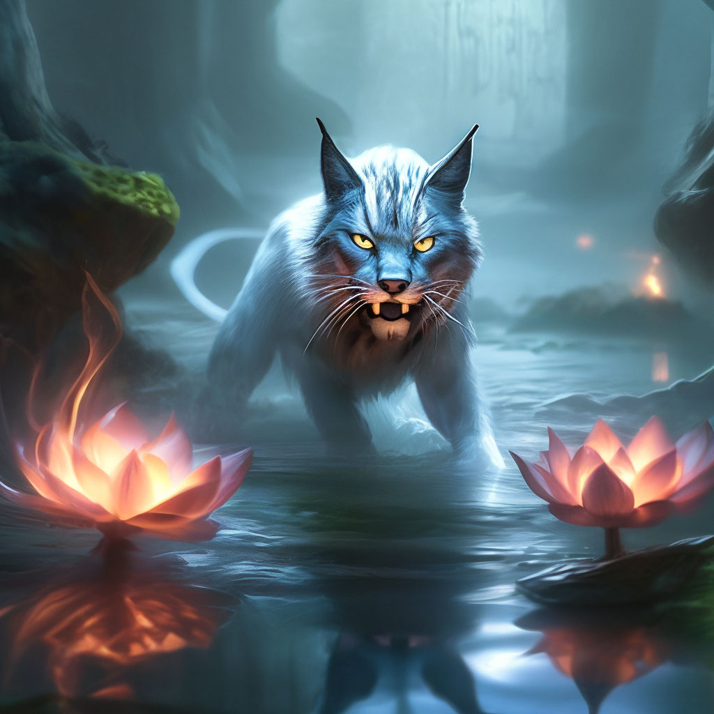 "An angry translucent lynx ghost with burning eyes jumps out of a water ...