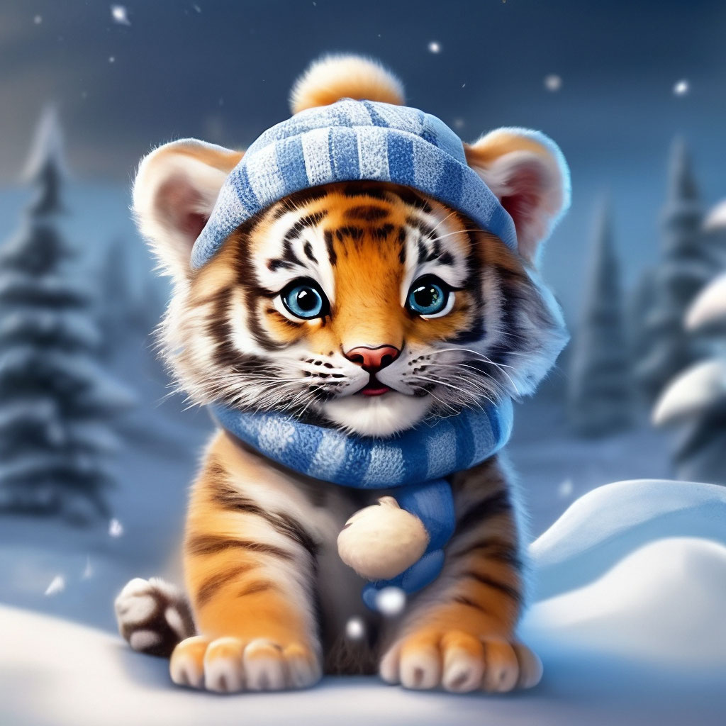 "A super cute, hyper-realistic, super fluffy tiger cub with a very cute ...