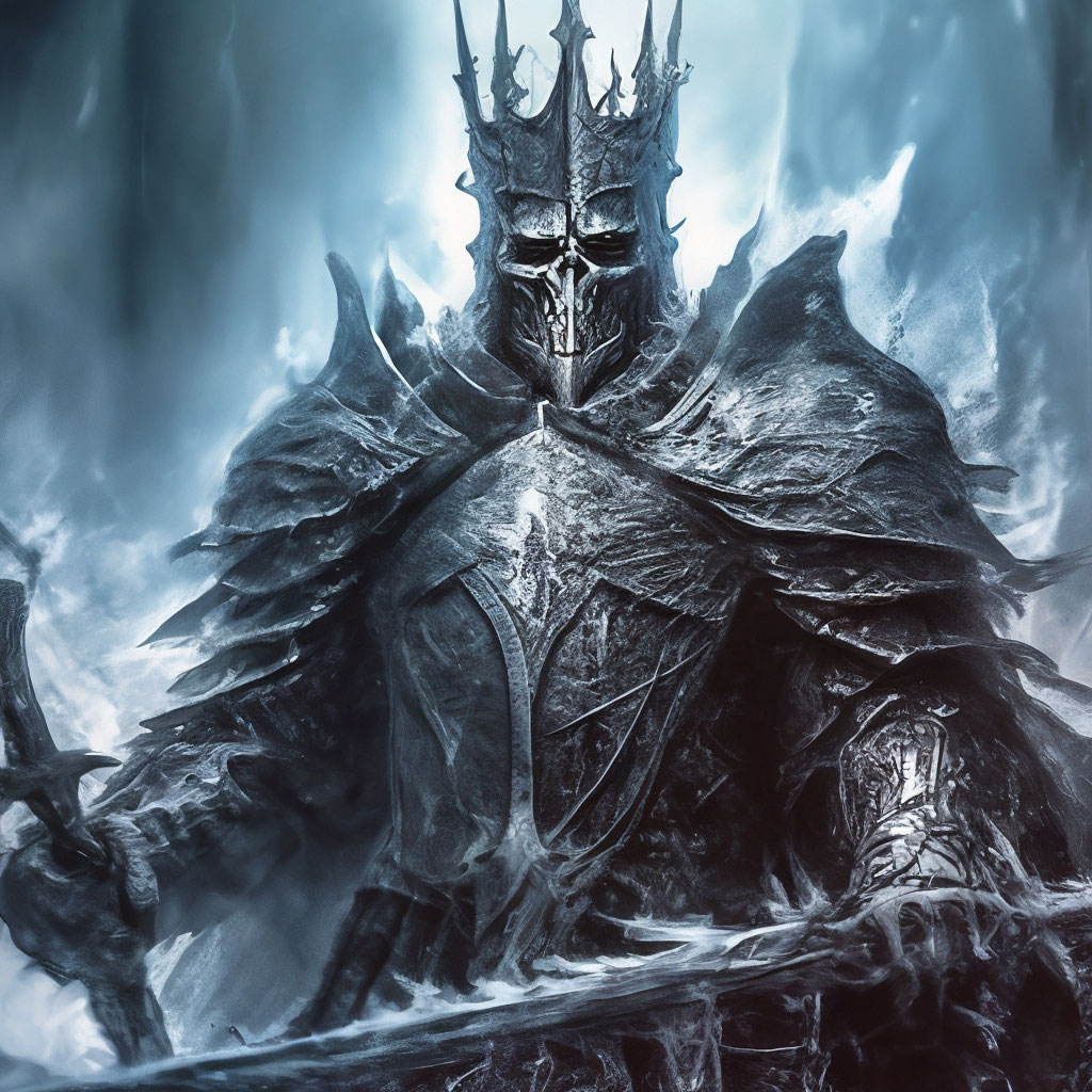 "King of the damned, lich king, cursed sword, armor covered with ice ...