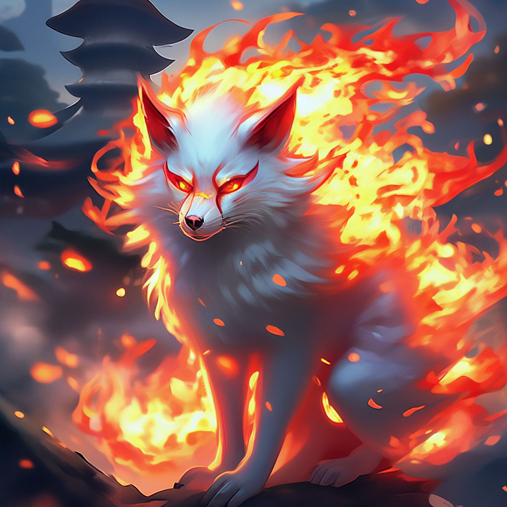 "Kitsune, fire," — image created in Shedevrum