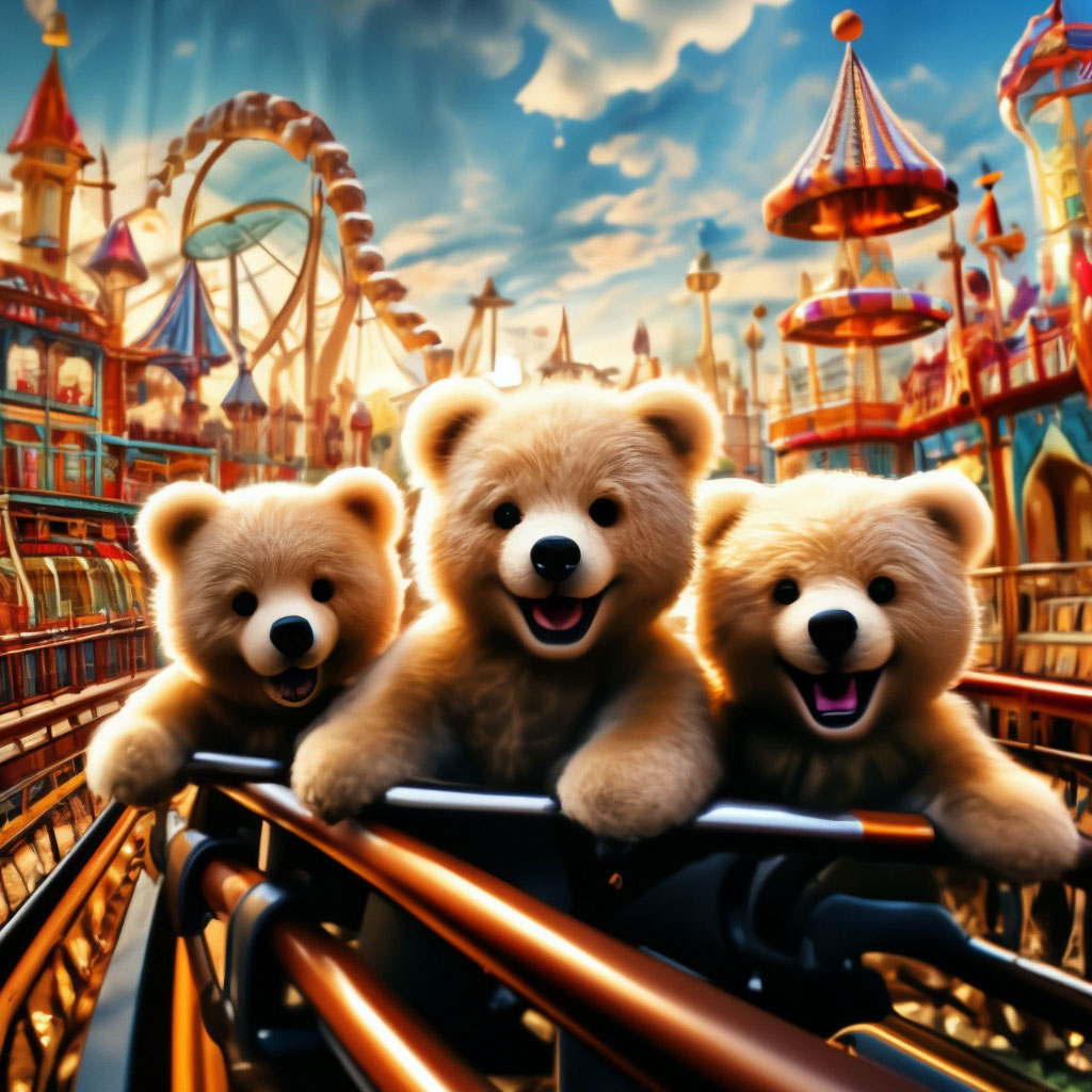 "Amusement park. Lots of happy laughing little teddy bears riding a ...