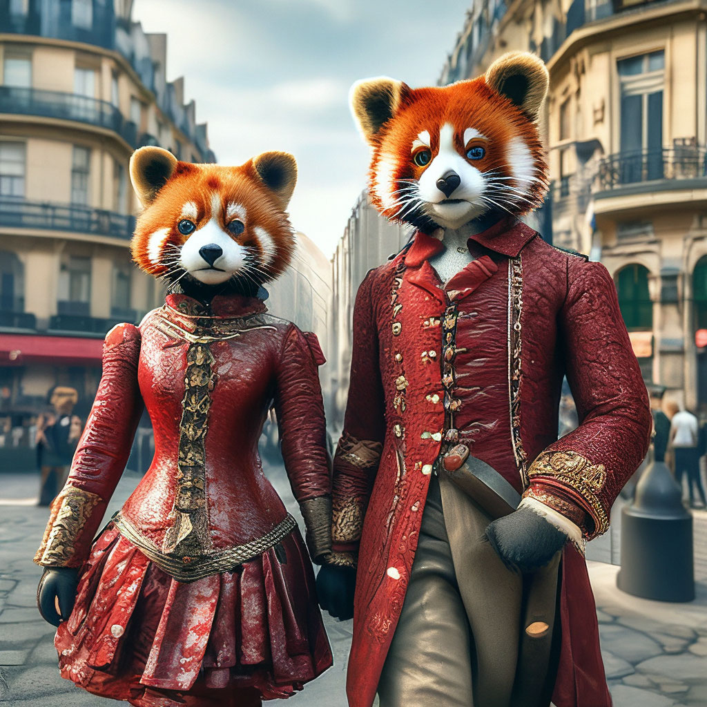 "A red panda girl and a red panda guy in 19th century clothes are ...