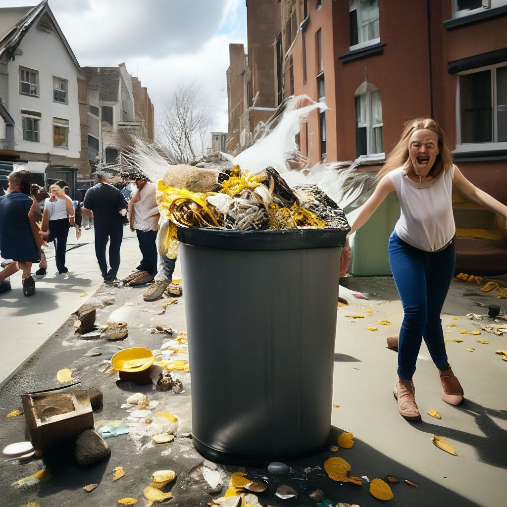 "Revived garbage cans spit garbage at people" — image created in Shedevrum