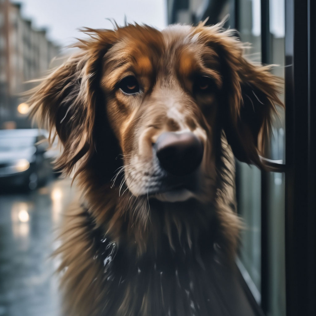 "The gray shades of an autumn day envelop a haggard dog standing behind ...