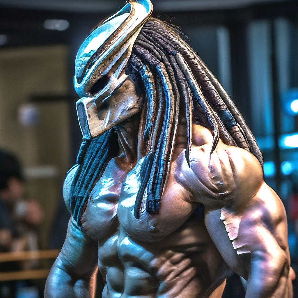 "Predator bodybuilder from the side, bright lighting, aesthetically ...