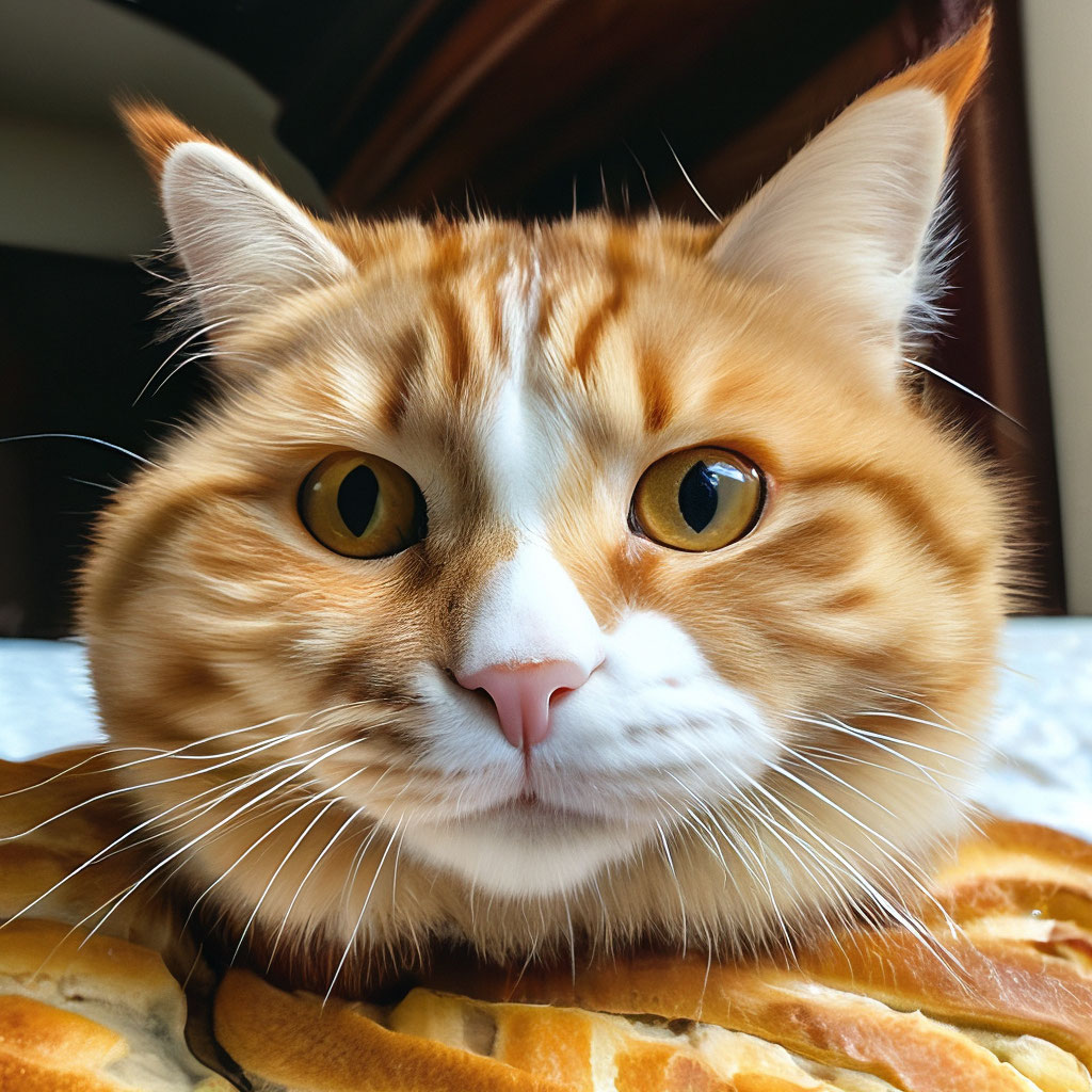 "A cat with bread on his face" — image created in Shedevrum