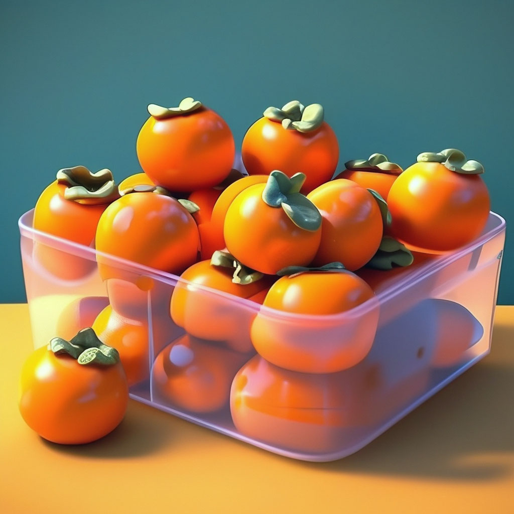 "A lot of persimmons are lying in a plastic box beautifully realistic ...