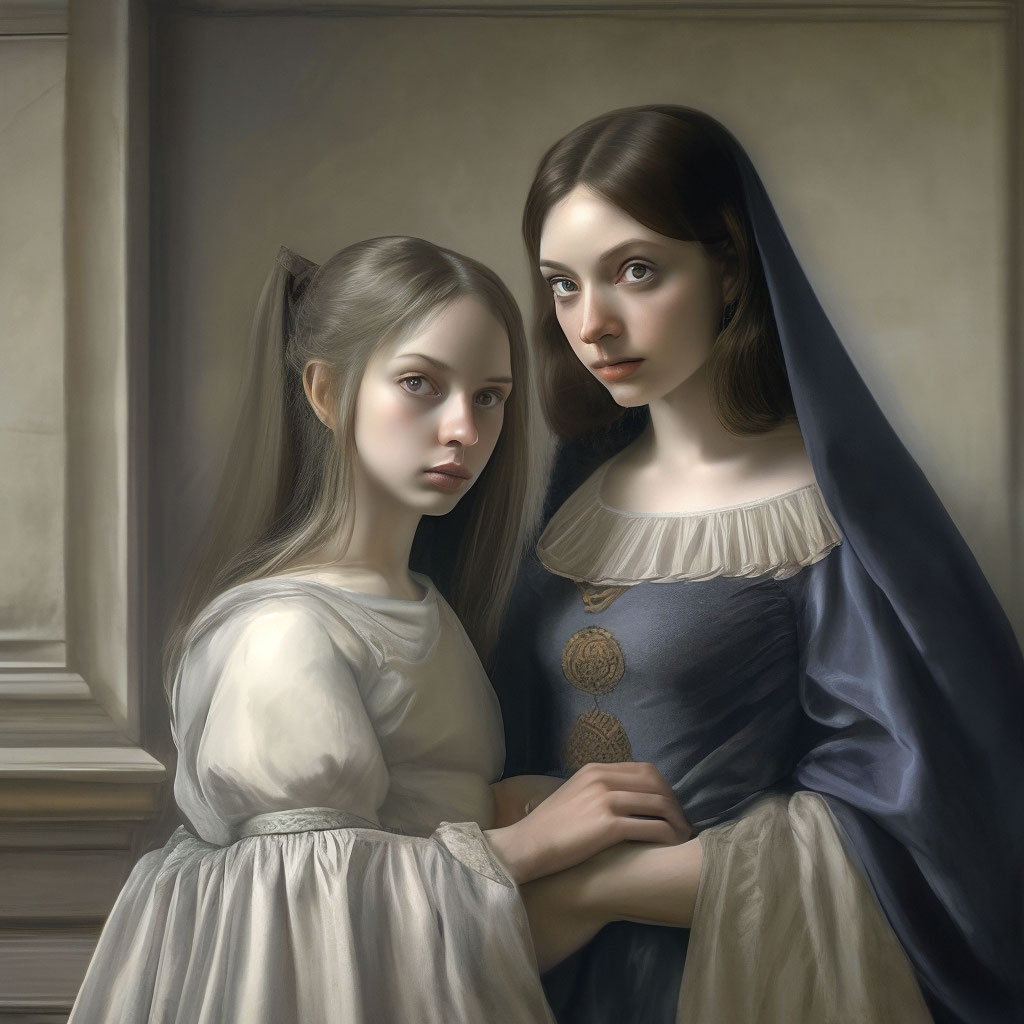 "Renaissance portrait: a girl and a ghost, high detail, painting, 64k ...