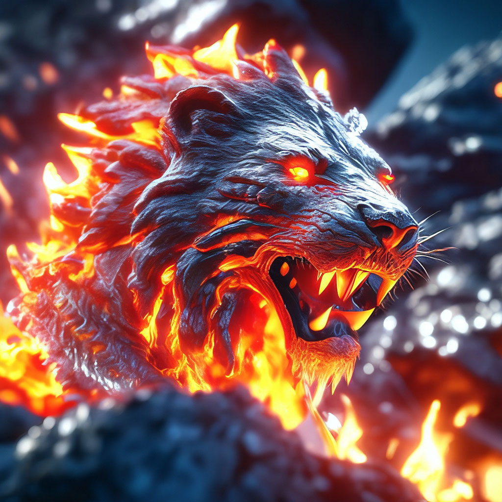 "Fiery lava lion, natural creation, verisimilitude, back light, flames ...