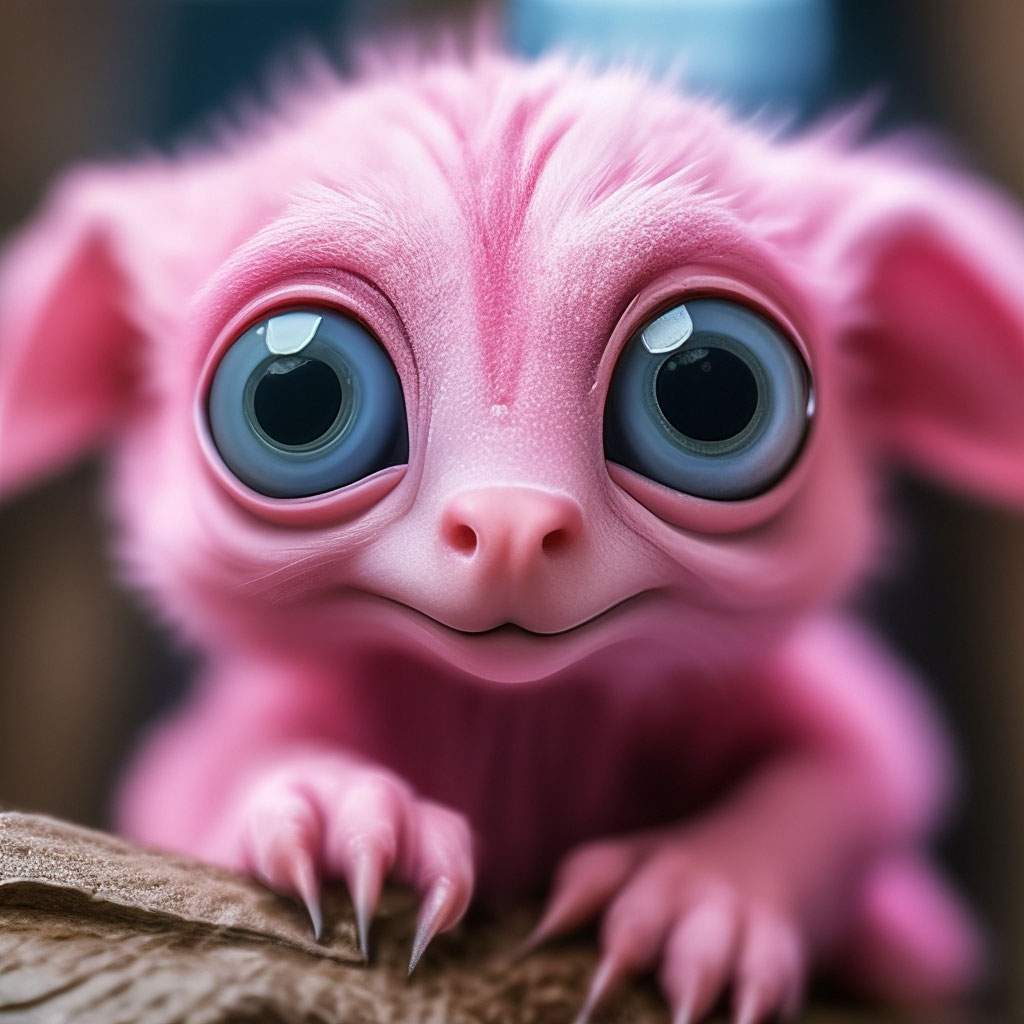 "Cute pink incomprehensible creature with big beautiful eyes, looking ...