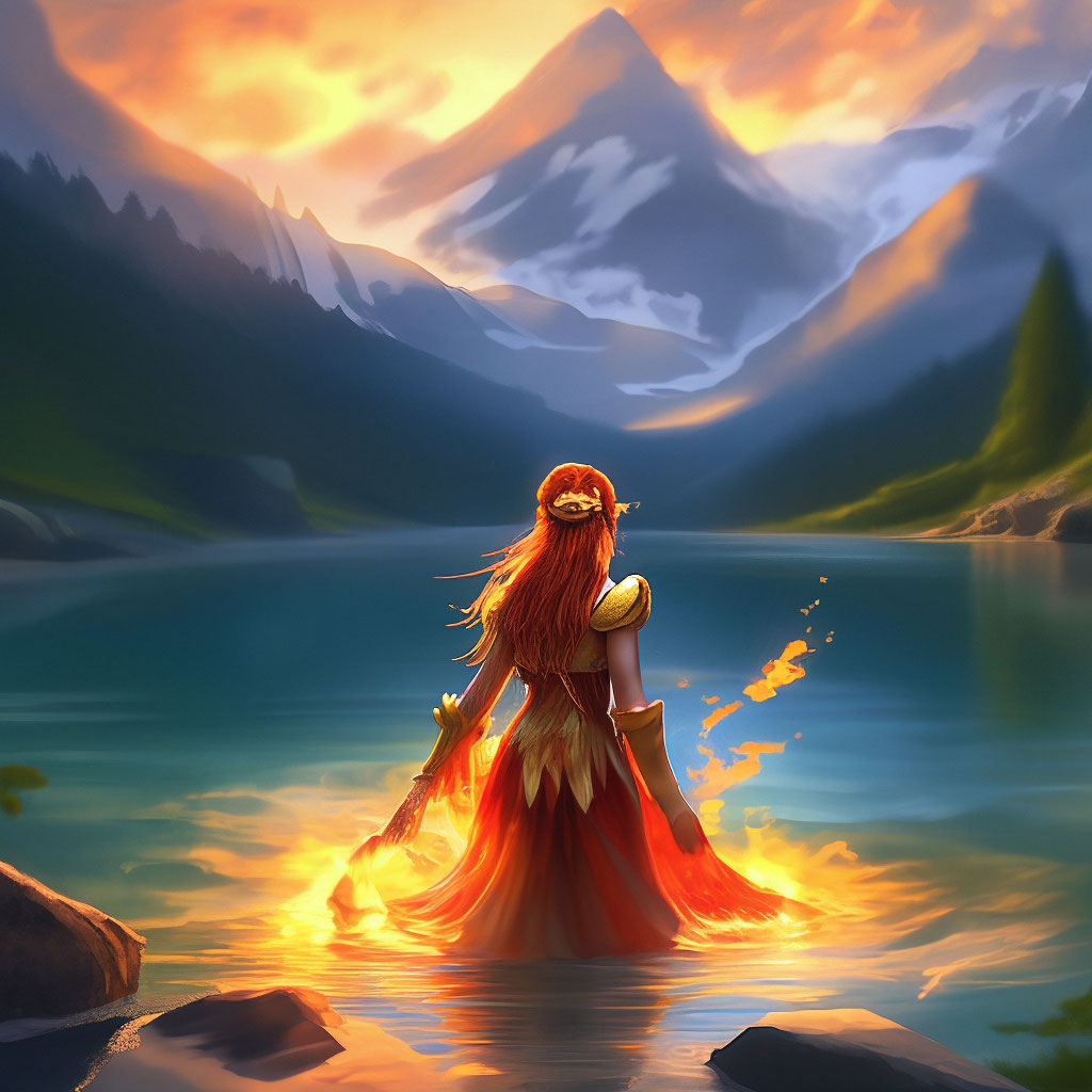 "Fire maiden, wants to cool off in a mountain lake" — image created in ...