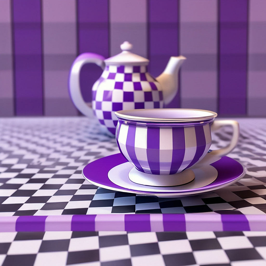 "Lilac tea set in a white checkered checkerboard style" — image created ...