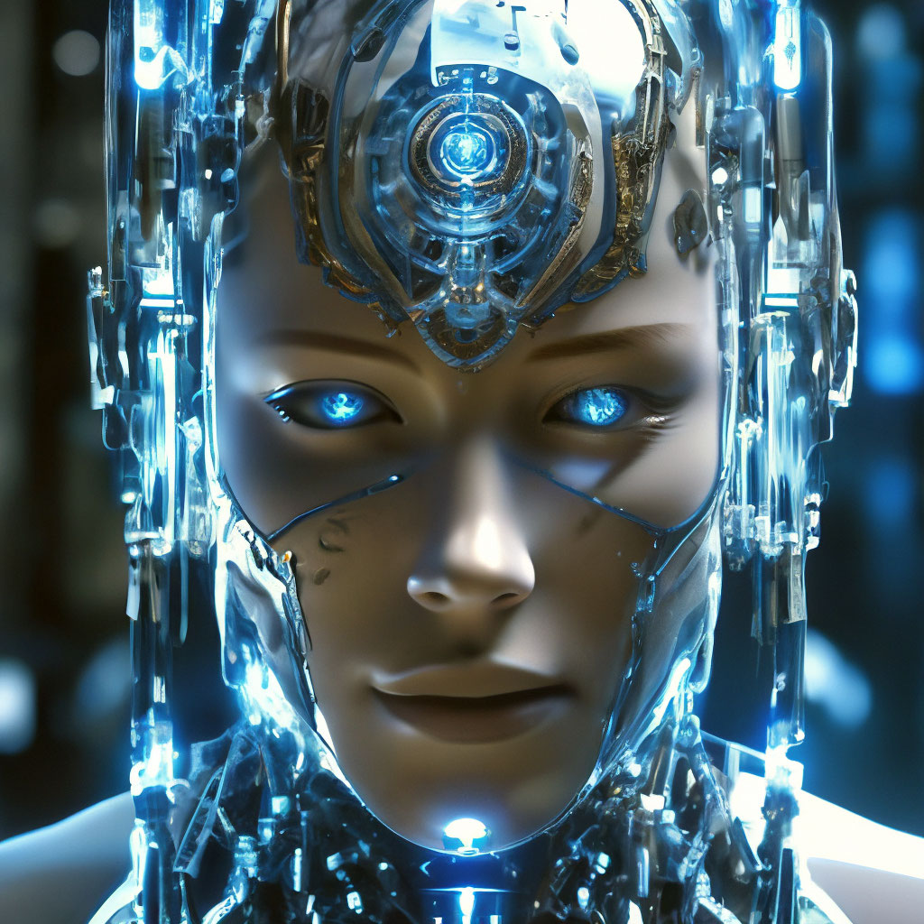 "The cyborg's transparent face shows a mechanism inside. and the ...