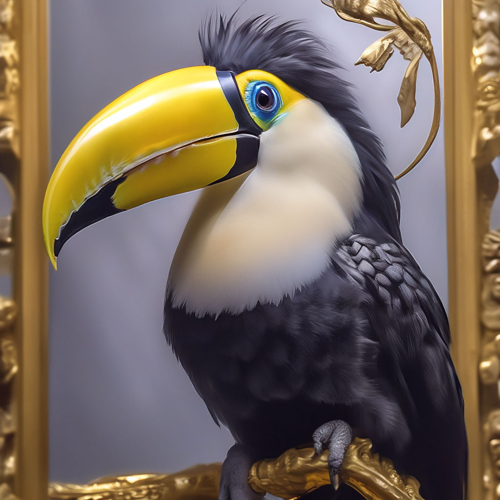 "Toucan gilded with black and white skin pattern, beak made of gold ...
