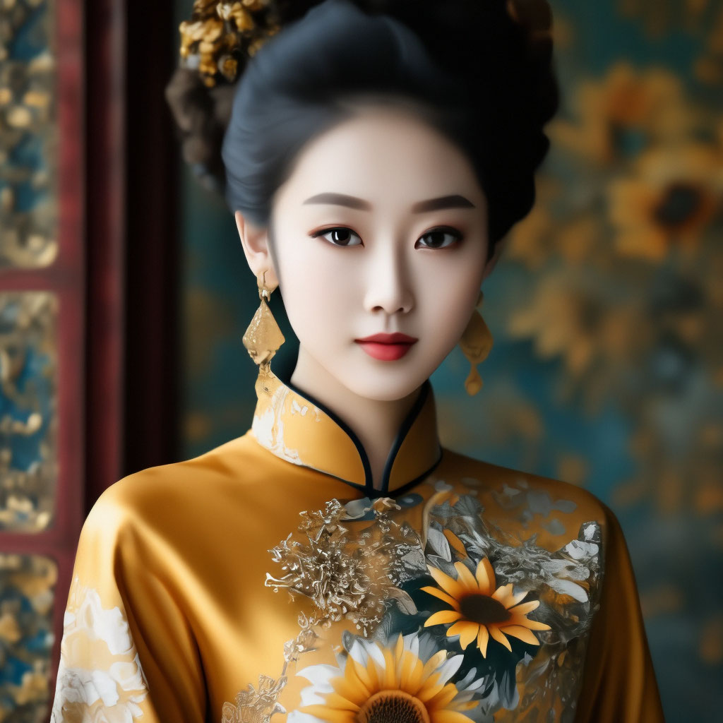 "Intricate patterned qipao, big bun, chinese model, golden ornaments of ...