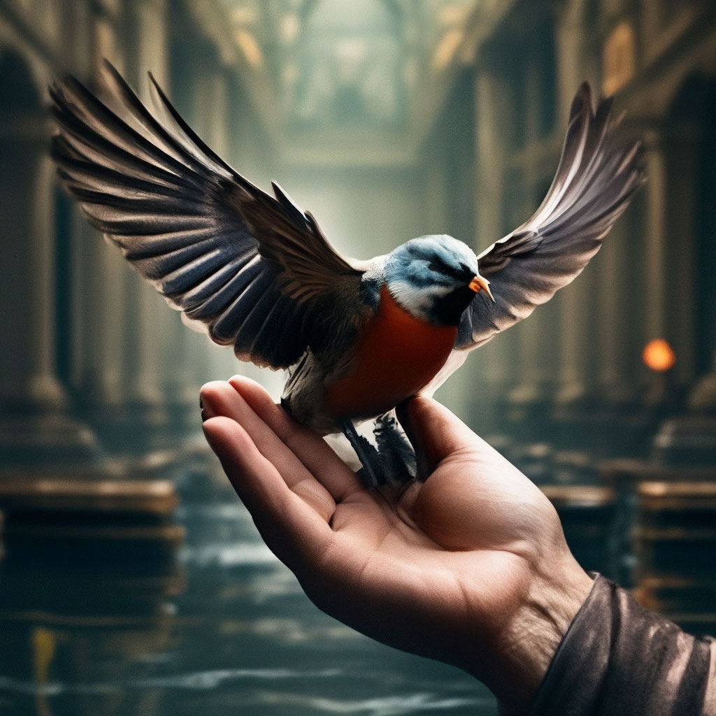 "Release the bird from the hand" — image created in Shedevrum