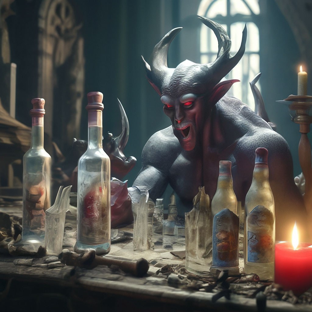 "Demons are silencing vodka ..." — image created in Shedevrum