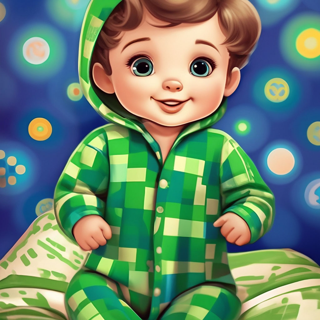 "Drawing of a boy in flannel pajamas, green fabric with square print ...