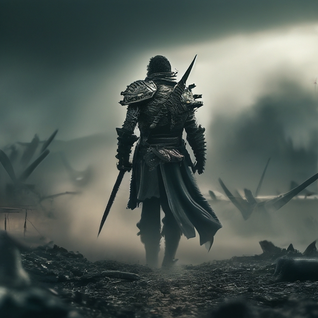 "One single warrior remained on the battlefield, photo from the back ...