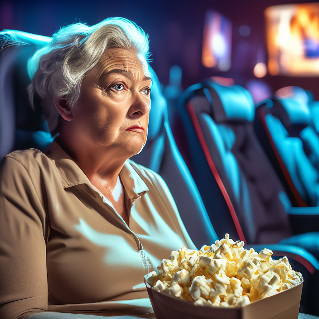 "Tired angry aunt is sitting in a movie theater, watching science ...