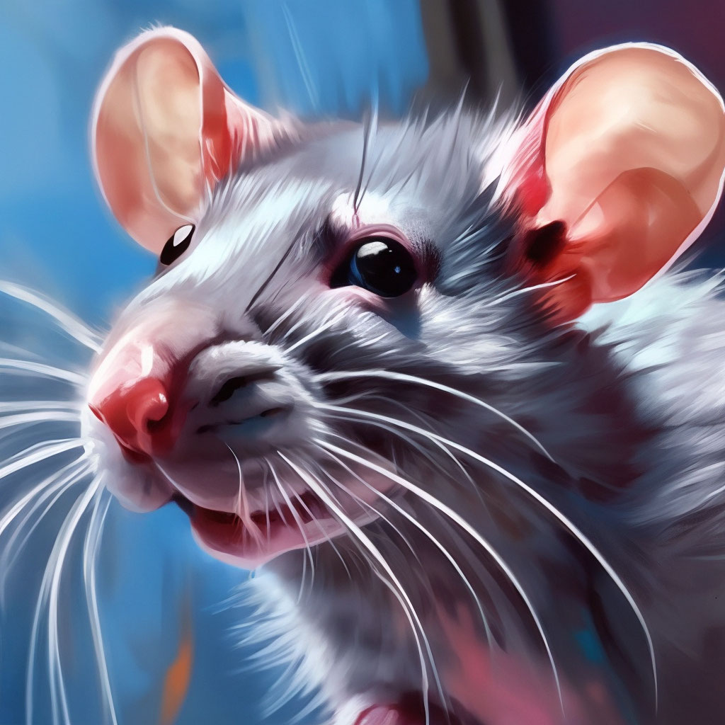 "Realism, gray rat, blue eyes, eye focus, moustache drawing, pink ears ...
