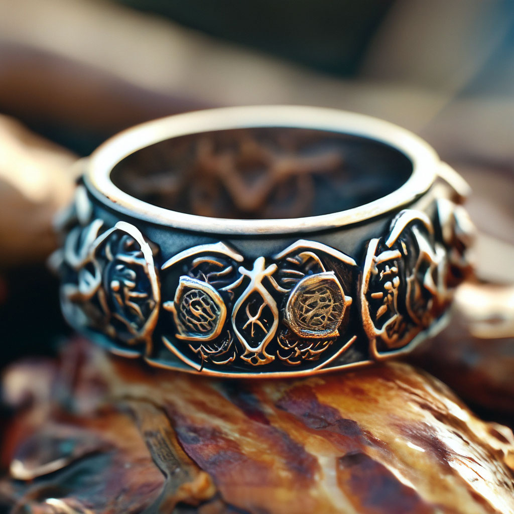 "Druid ring made of walnut shell, grunge, vintage, horror hyperrealism ...
