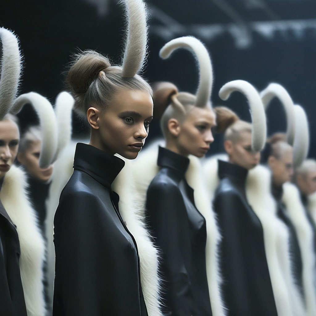 "Fashion show of fashionable hairstyles of sheep tails on the catwalk ...