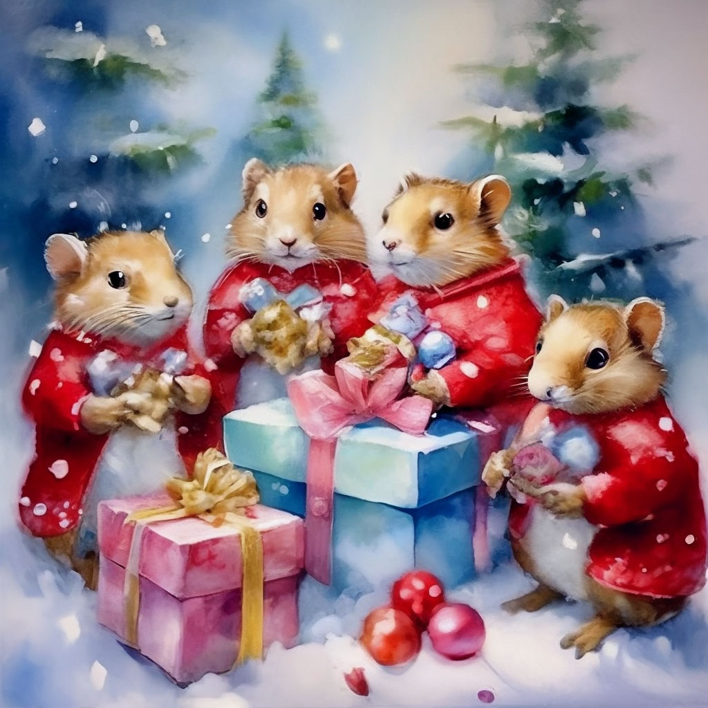 "Watercolor, fantasy, red gophers, red bright fluffy, Christmas trees ...