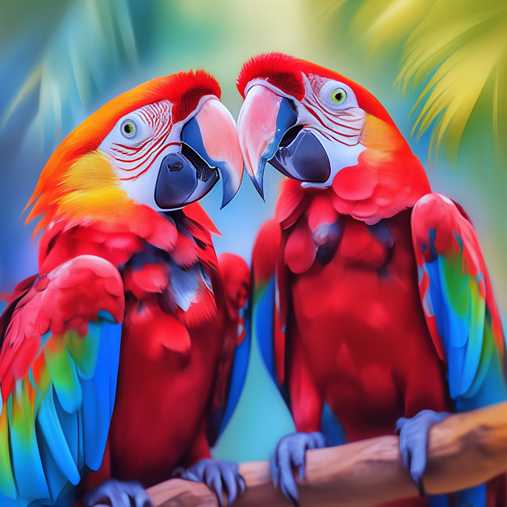 "Two cute red Macaws..." — image created in Shedevrum